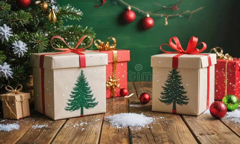 Two Presents with Christmas Trees on Them Stock Illustration ...