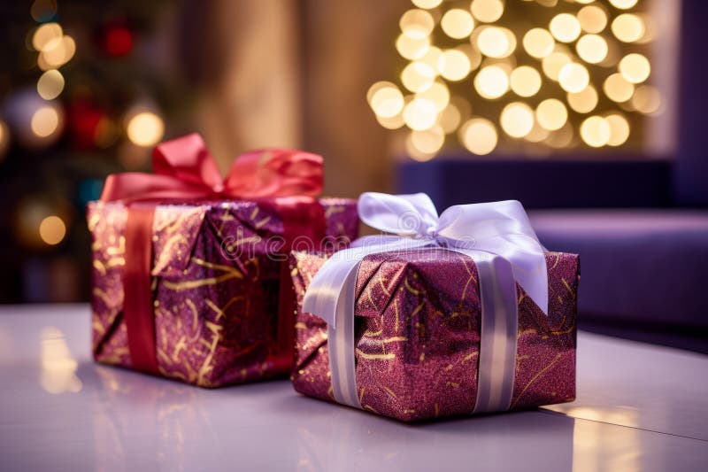 Two Presents Sitting on a Table in Front of a Christmas Tree Stock ...