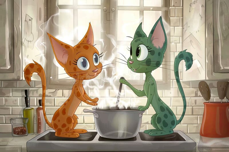 Two Pretty Cute Cats Cooking Dinner at the Kitchen Stock Illustration ...