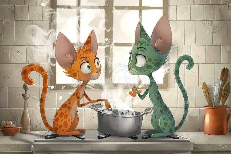 Two Pretty Cute Cats Cooking Dinner at the Kitchen Stock Illustration ...