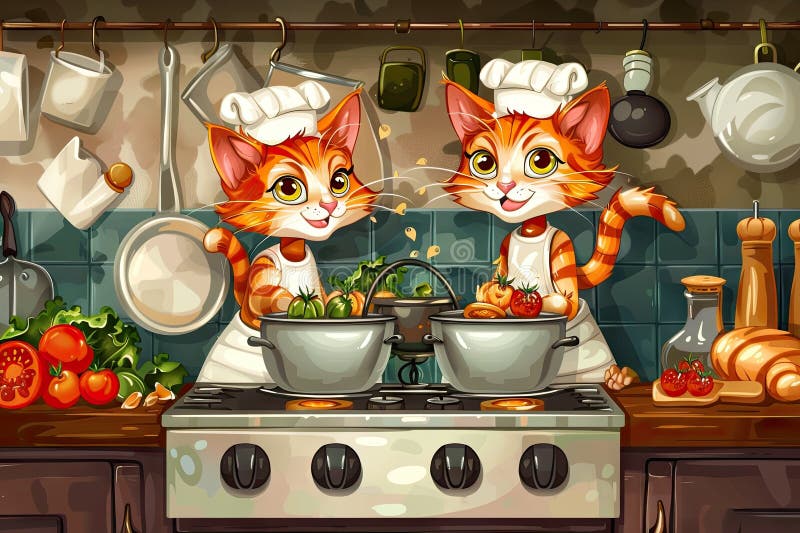 Two Pretty Cute Cats Cooking Dinner at the Kitchen Stock Illustration ...