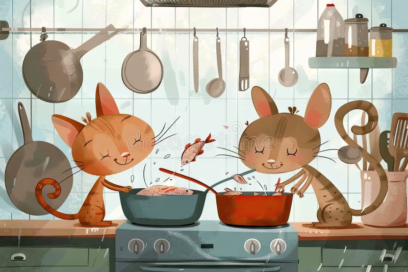 Two Pretty Cute Cats Cooking Dinner at the Kitchen Stock Illustration ...