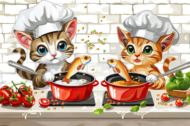 Two Pretty Cute Cats Cooking Dinner at the Kitchen Stock Illustration ...