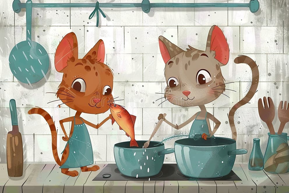 Two Pretty Cute Cats Cooking Dinner at the Kitchen Stock Illustration ...