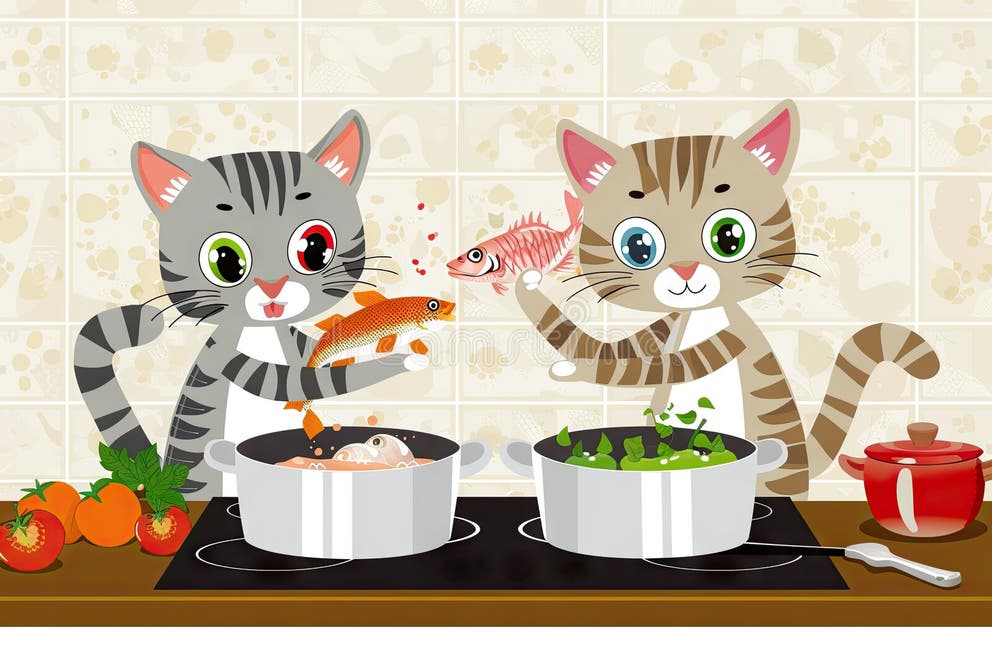 Two Pretty Cute Cats Cooking Dinner at the Kitchen Stock Illustration ...
