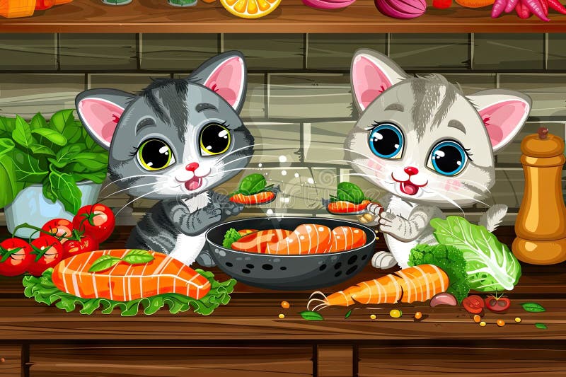 Two Pretty Cute Cats Cooking Dinner at the Kitchen Stock Illustration ...