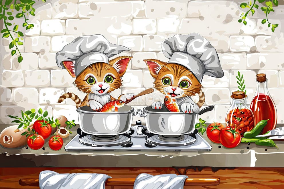 Two Pretty Cute Cats Cooking Dinner at the Kitchen Stock Illustration ...