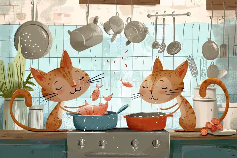 Two Pretty Cute Cats Cooking Dinner at the Kitchen Stock Illustration ...
