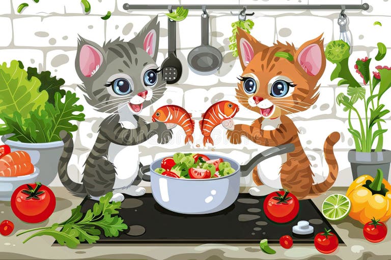 Two Pretty Cute Cats Cooking Dinner at the Kitchen Stock Illustration ...