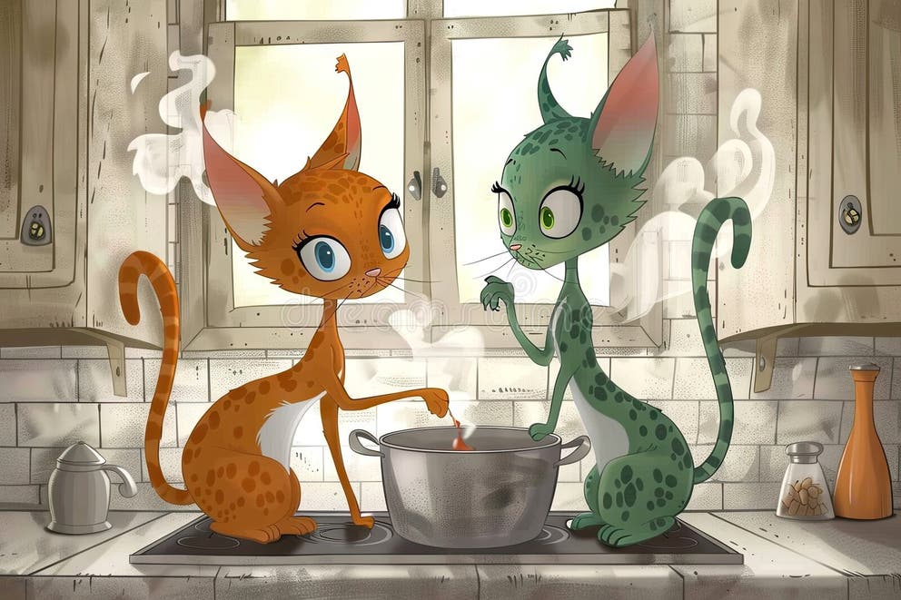 Two Pretty Cute Cats Cooking Dinner at the Kitchen Stock Photo - Image ...