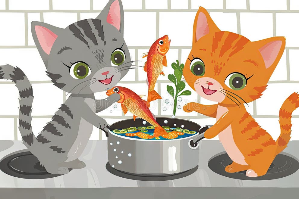 Two Pretty Cute Cats Cooking Dinner at the Kitchen Stock Photo - Image ...