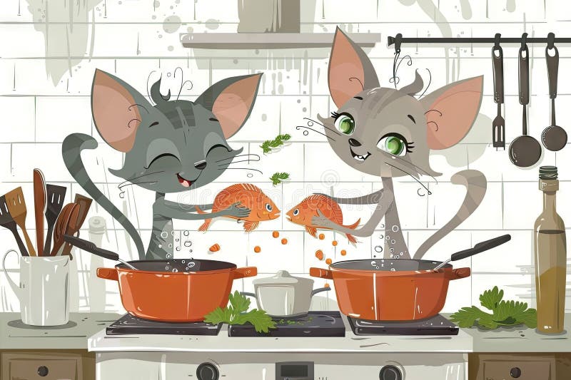 Two Pretty Cute Cats Cooking Dinner at the Kitchen Stock Image - Image ...