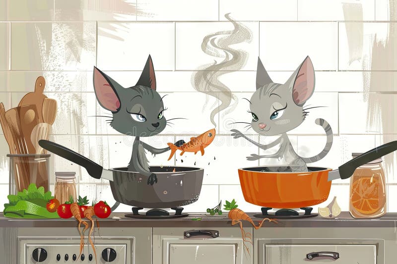 Two Pretty Cute Cats Cooking Dinner at the Kitchen Stock Image - Image ...