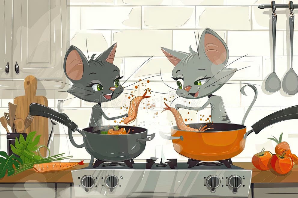 Two Pretty Cute Cats Cooking Dinner at the Kitchen Stock Photo - Image ...