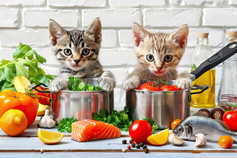 Two Pretty Cute Cats Cooking Dinner at the Kitchen Stock Photo - Image ...