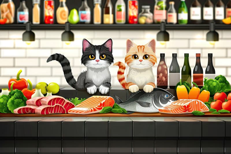 Two Pretty Cute Cats Has a Dinner with Fish at the Kitchen Table Stock ...