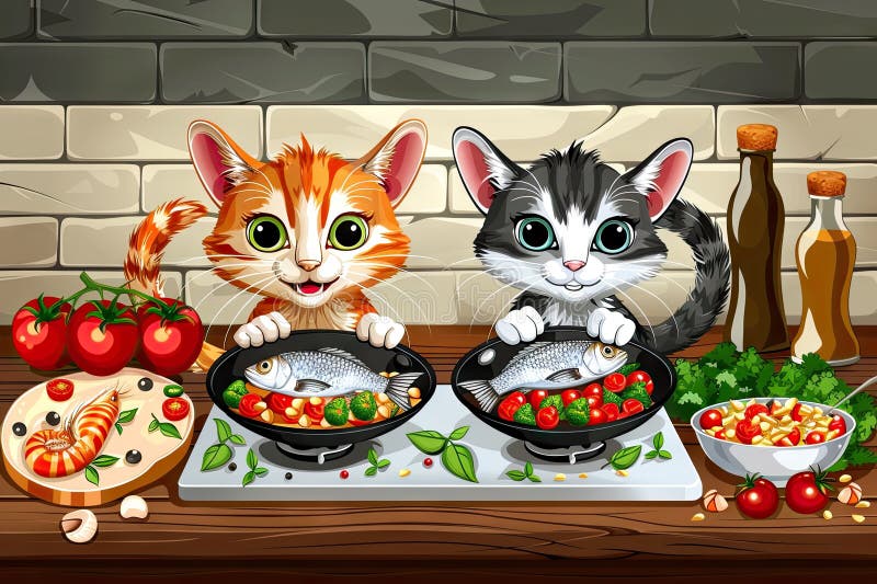 Two Pretty Cute Cats Has a Dinner with Fish at the Kitchen Table Stock ...