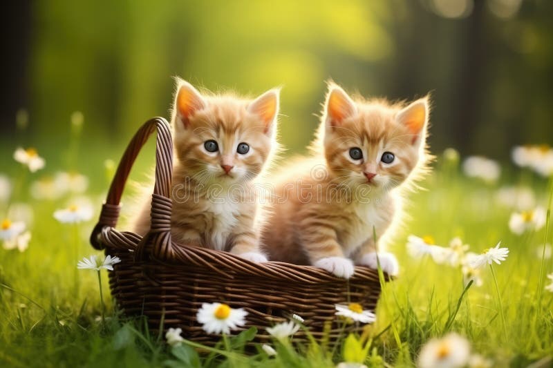 Two Pretty Kittens Playing Outdoors in the Spring Garden with Flowers ...