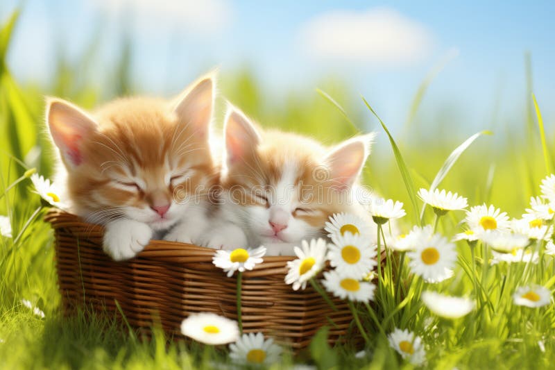 Two Pretty Kittens Sleeping Outdoors in the Spring Garden with Flowers ...