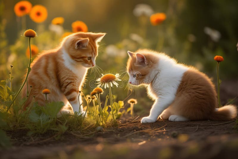 Two Pretty Kittens Walking Outdoors in the Spring Garden with Flowers ...