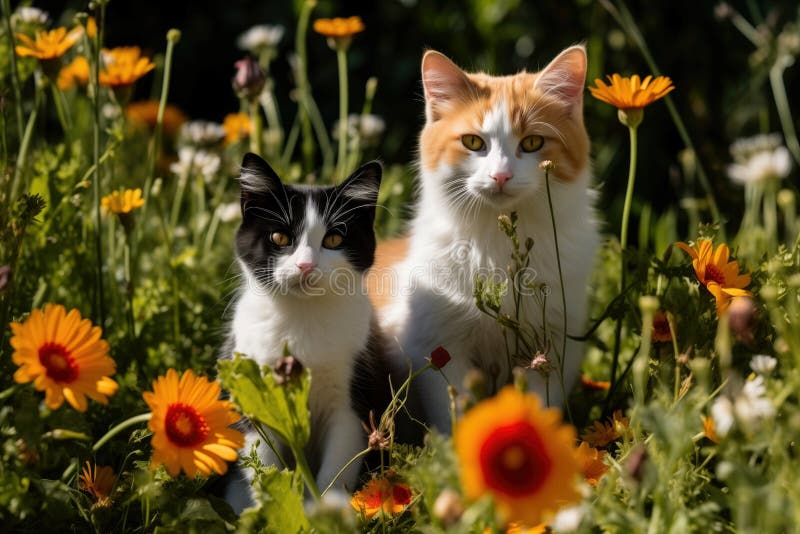 Two Pretty Kittens Walking Outdoors in the Spring Garden with Flowers ...