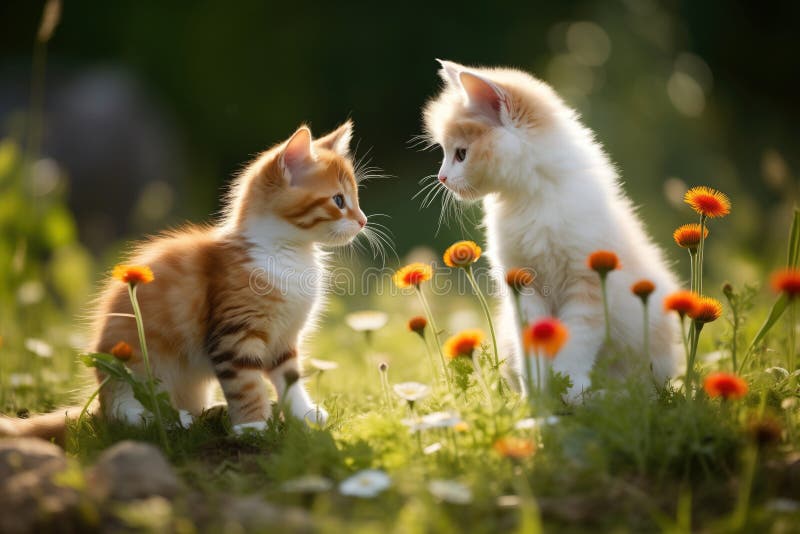 Two Pretty Kittens Walking Outdoors in the Spring Garden with Flowers ...