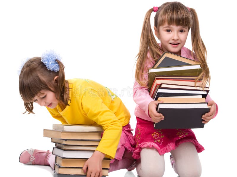 Two Pretty Little Girls with Stack of Books Stock Image - Image of ...