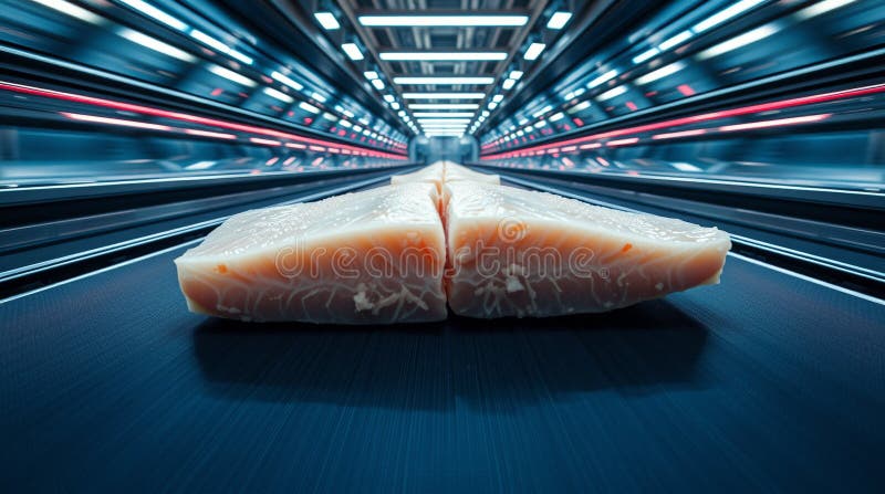 Fish Fillets on a Conveyor Belt in a Modern Processing Facility. Clean ...