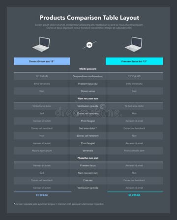 Two Products Comparison Table Layout with Place for Description - Dark ...