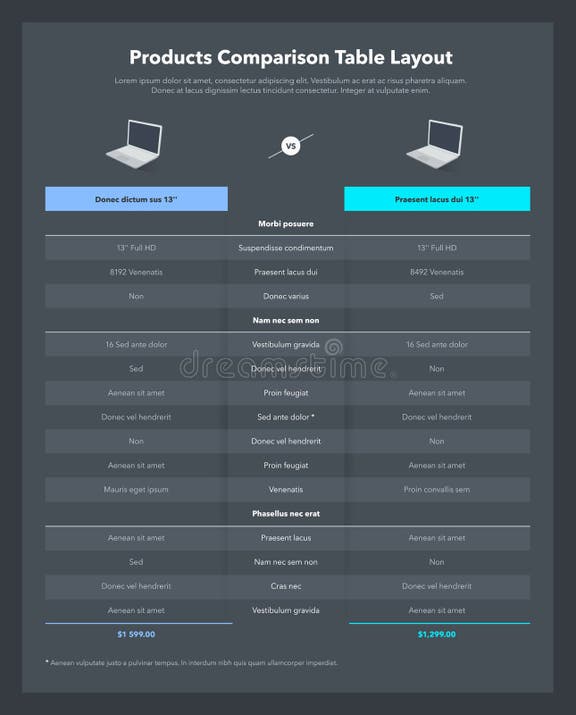 Two Products Comparison Table Layout with Place for Description - Dark ...