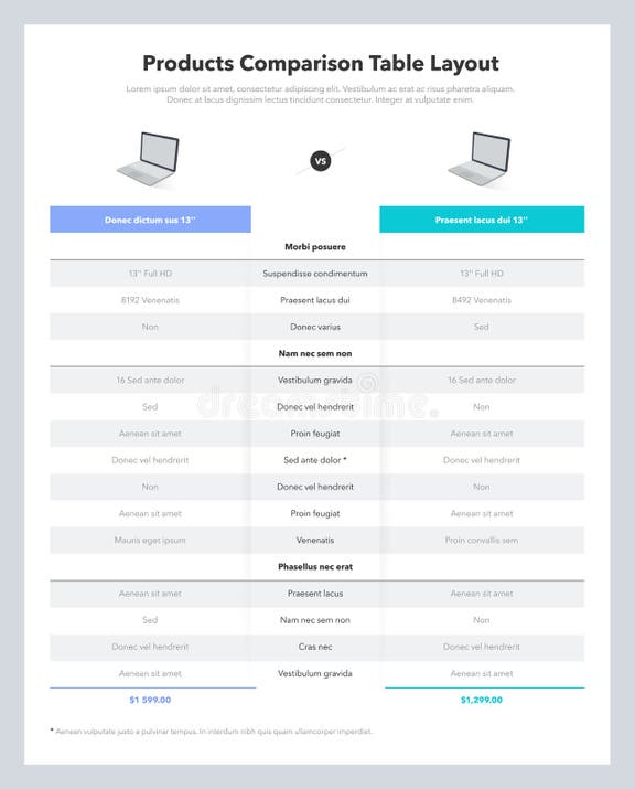 Two Products Comparison Table Layout with Place for Description Stock ...