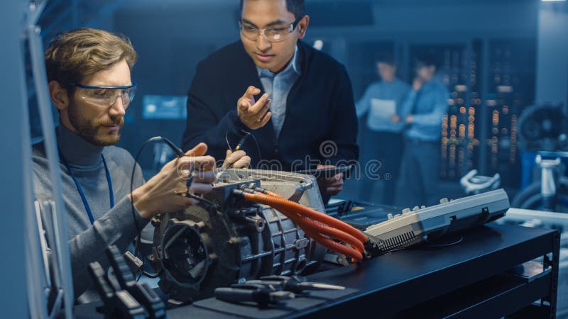 Two Professional Automotive Engineers with a Tablet Computer and ...