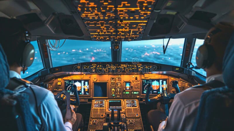 Two Professional Aviators Sitting in Cockpit during Flight Stock Photo ...
