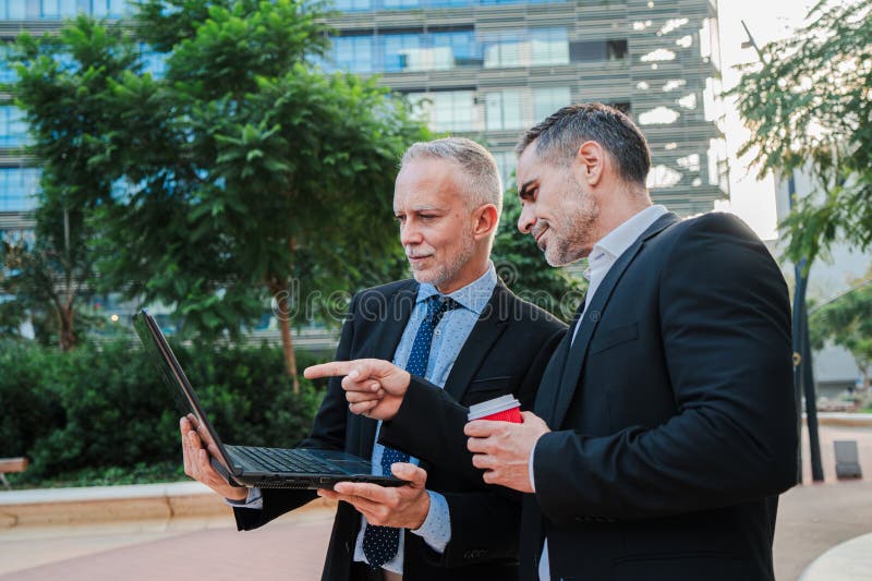 Two Professional Businessmen Discussing and Using Desktop Computer in ...