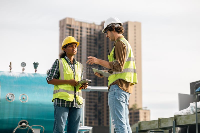 Two Professional Engineer Man and Women Working Checking and ...