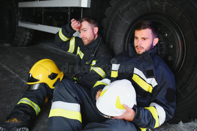 Two Professional Firefighters with Uniforms and Protective Helmets ...