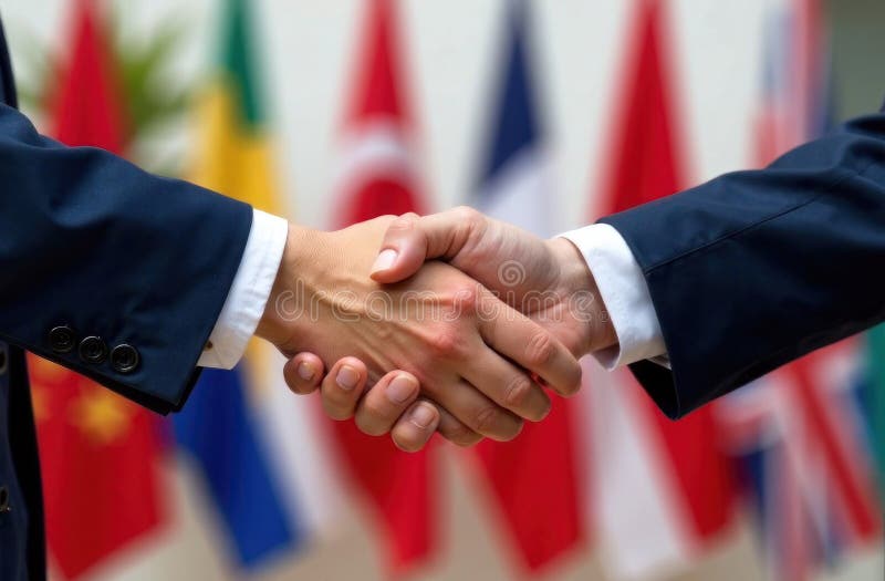 Two Professional Individuals Shake Hands in Front of Various National ...