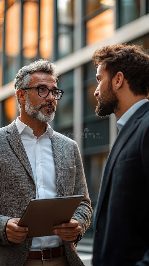 Two Professional Men Engaged in a Serious Conversation Outside a Modern ...