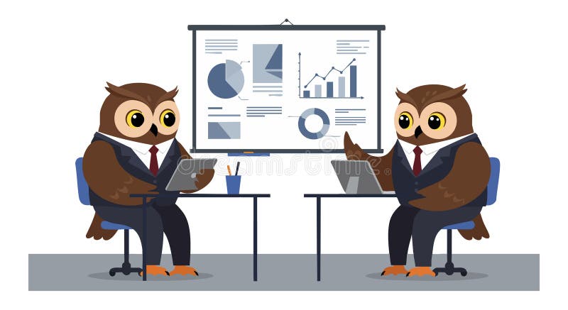 Two Professional Owls in Suits Analyzing Business Charts on Screens in ...
