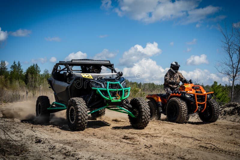 Two Professional Quad Ride Fast on Sand. Quad Racing, ATV 4x4 Stock ...
