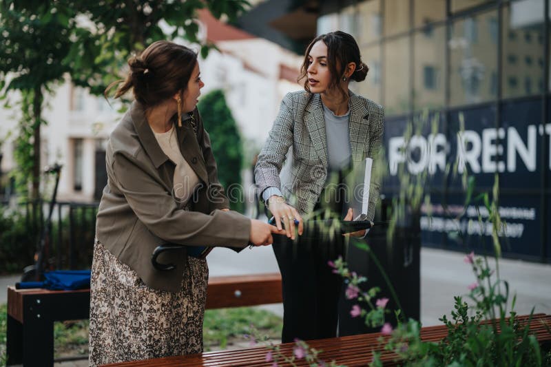 Two Professional Women Having a Serious Discussion Outdoors in Urban ...