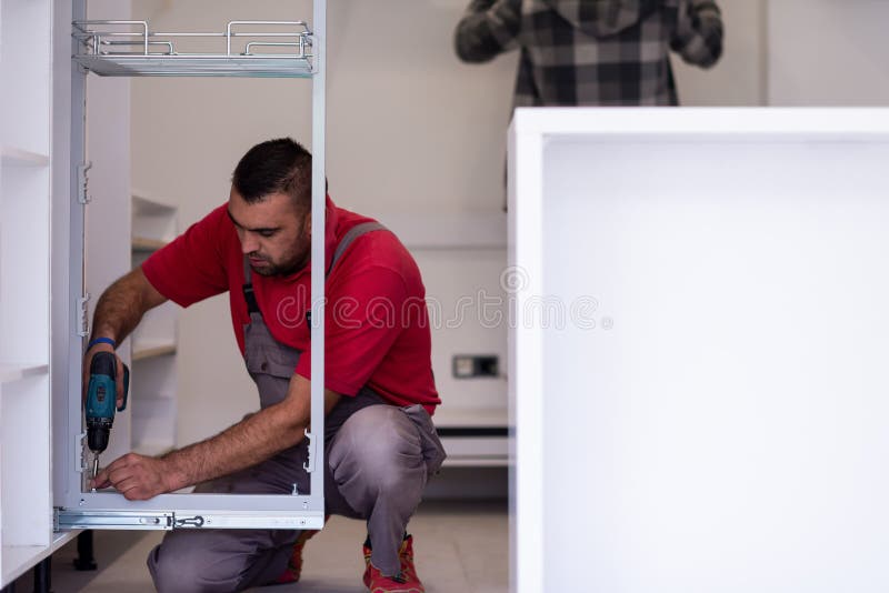 Workers Installing a New Kitchen Stock Image - Image of apartment ...