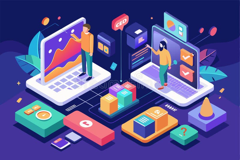 Two Professionals Analyze UI and UX Concepts with Colorful Customizable ...