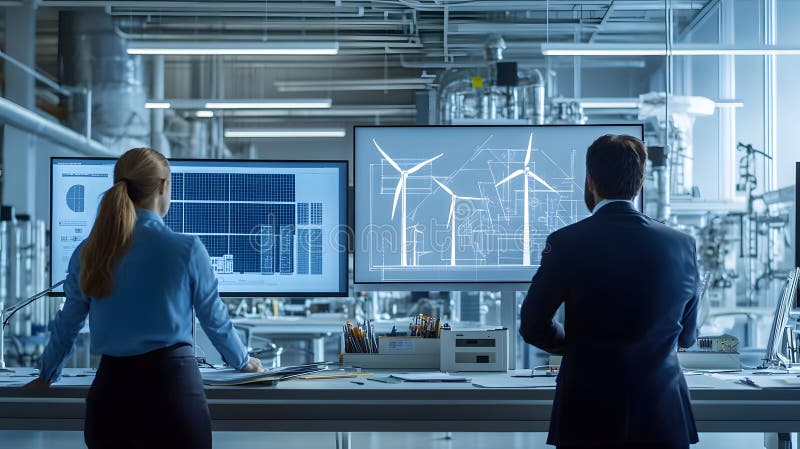 Two Professionals Analyze Wind Energy Data on Screens in a Modern Lab ...