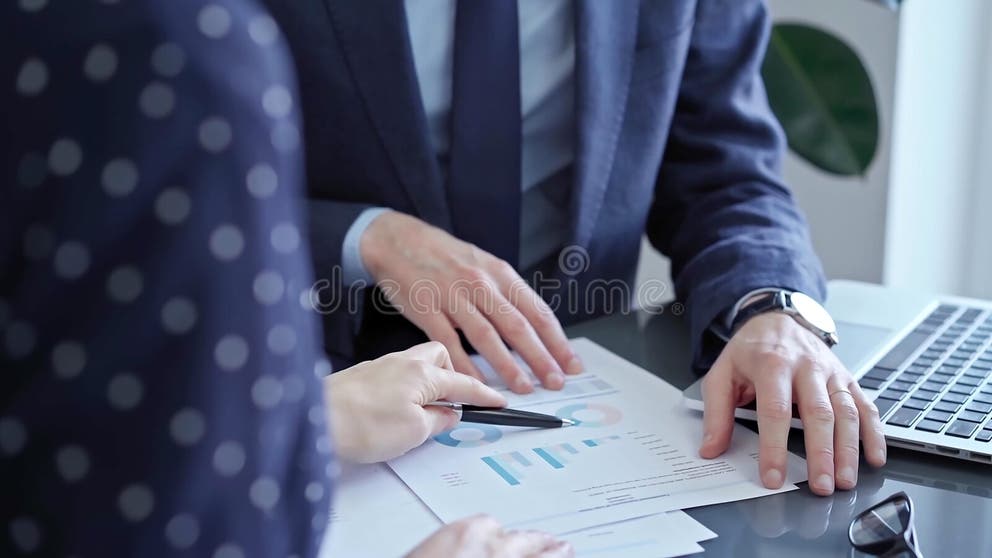 Two Professionals Analyzing a Pie Chart during a Strategic Business ...