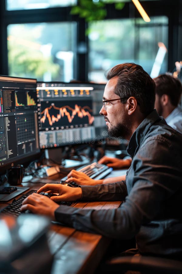 Two Professionals Collaborating at a Desk with Monitors Showcasing ...