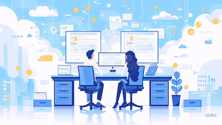 Two Professionals Collaborating in a Modern Digital Cloud Work ...