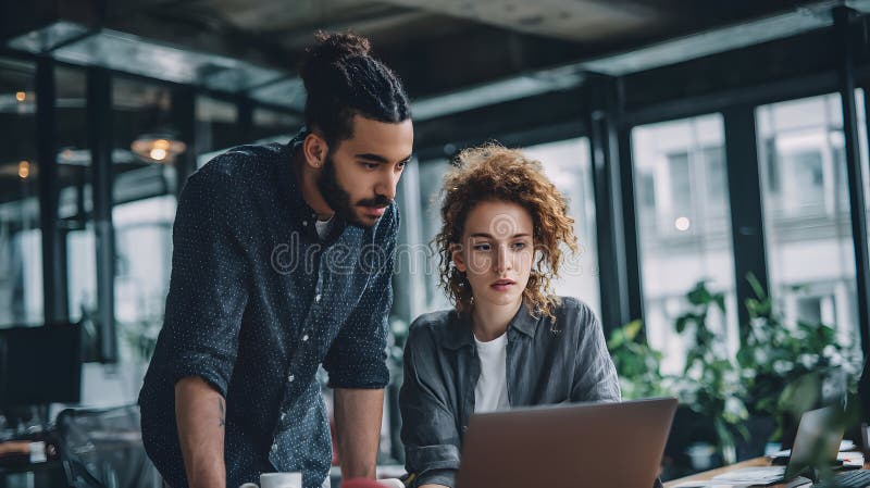 Two Professionals Collaborating Over a Laptop Screen in a Modern Office Setting Stock ...