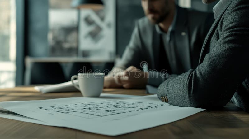 Two Professionals Discussing a Blueprint Over Coffee in a Modern ...
