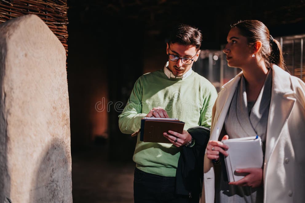 Two Professionals Discussing Notes while Observing an Exhibit at a ...